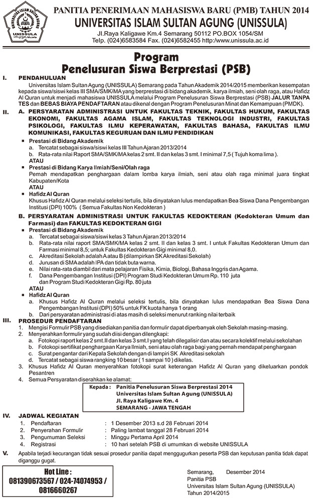 Penelusuran Siswa Baru – PMB UNISSULA